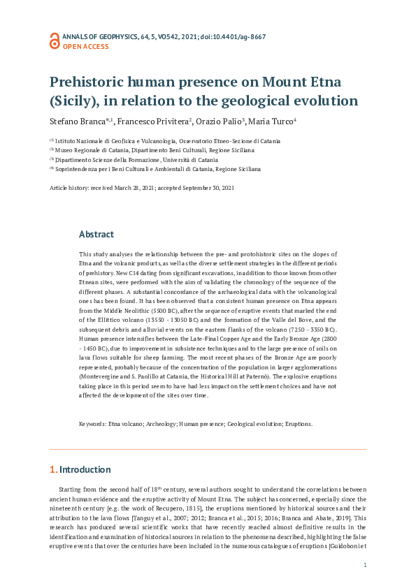 (PDF) Prehistoric human presence on Mount Etna (Sicily), in relation to ...