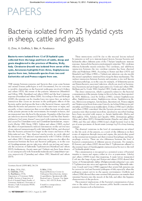 (PDF) Bacteria isolated from 25 hydatid cysts in sheep, cattle and goats