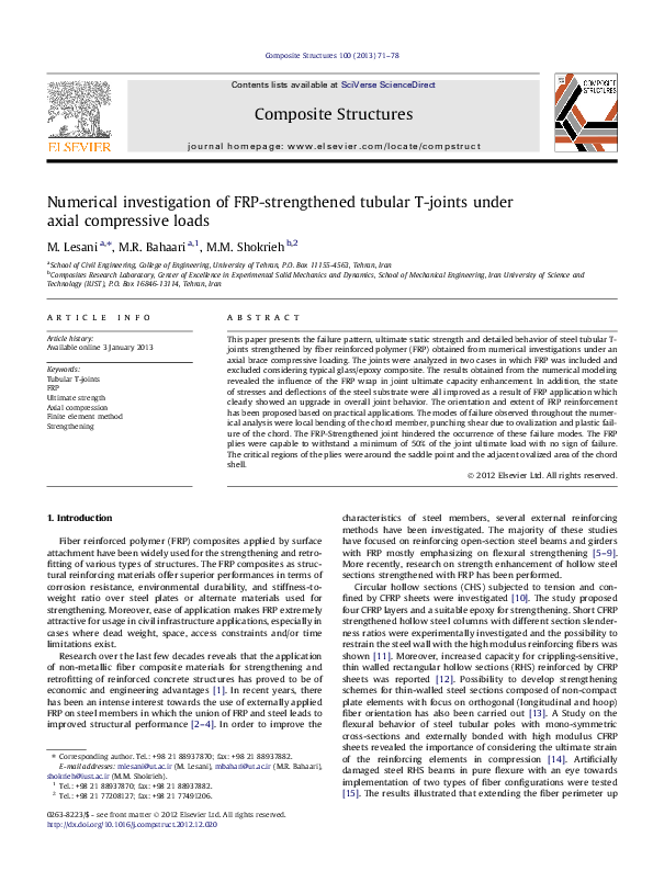 (PDF) Numerical investigation of FRP-strengthened tubular T-joints under axial compressive loads