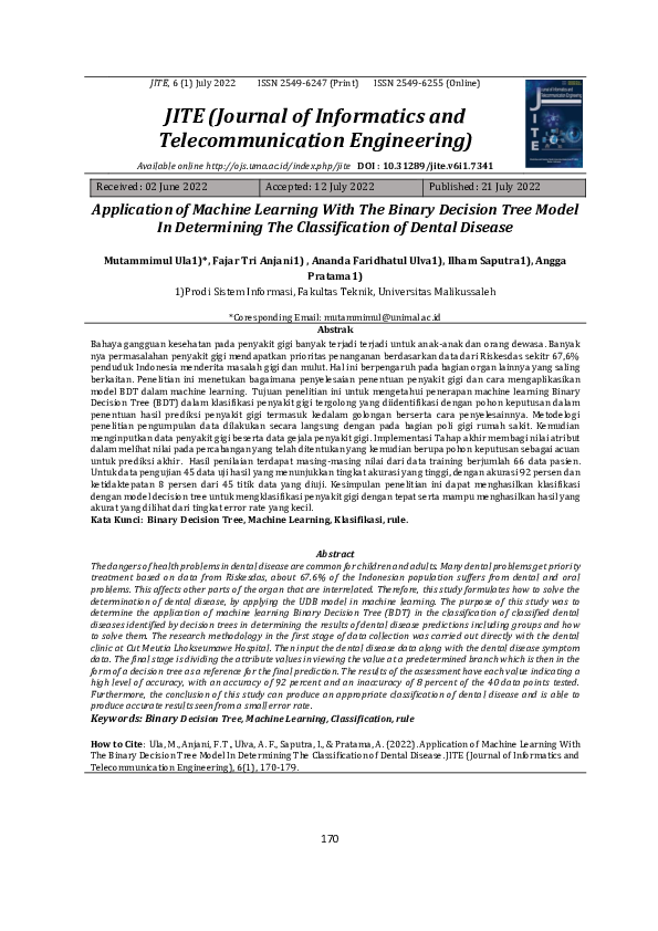 Pdf Application Of Machine Learning With The Binary Decision Tree Model In Determining The