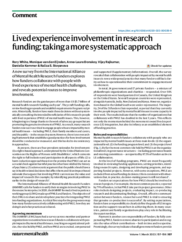 (PDF) Lived experience involvement in research funding: taking a more systematic approach