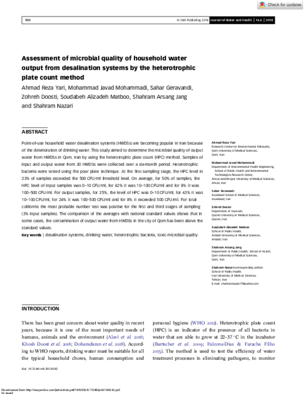 (PDF) Assessment of microbial quality of household water output from ...