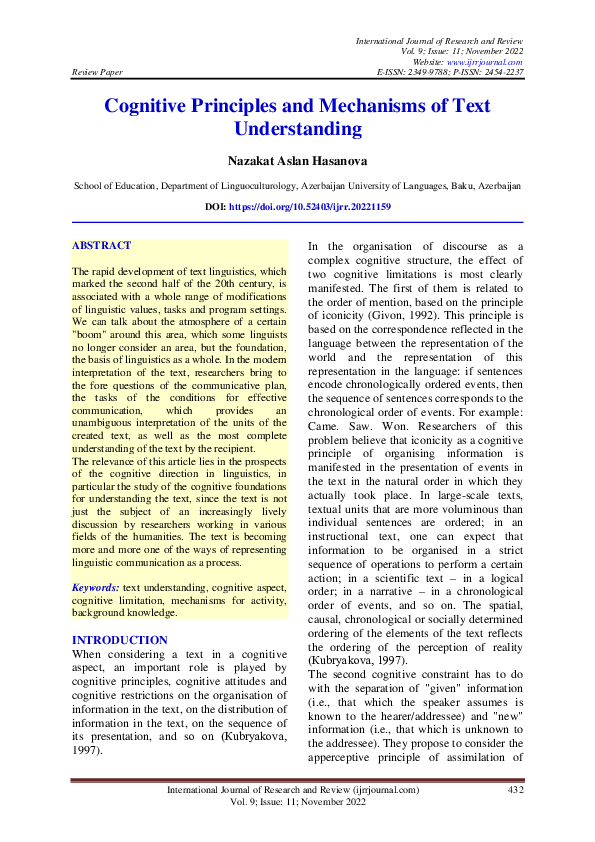(PDF) Cognitive Principles and Mechanisms of Text Understanding