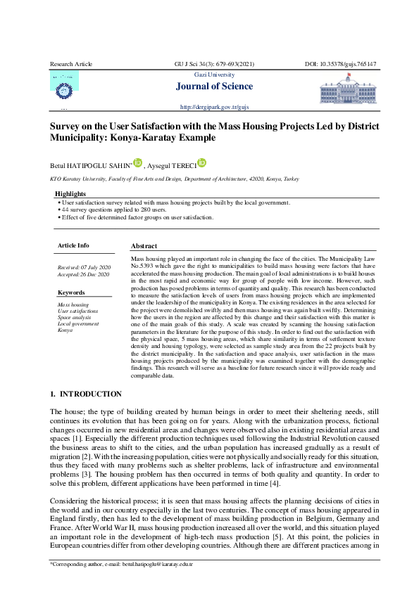 (PDF) Survey on the user satisfaction with the mass housing projects ...