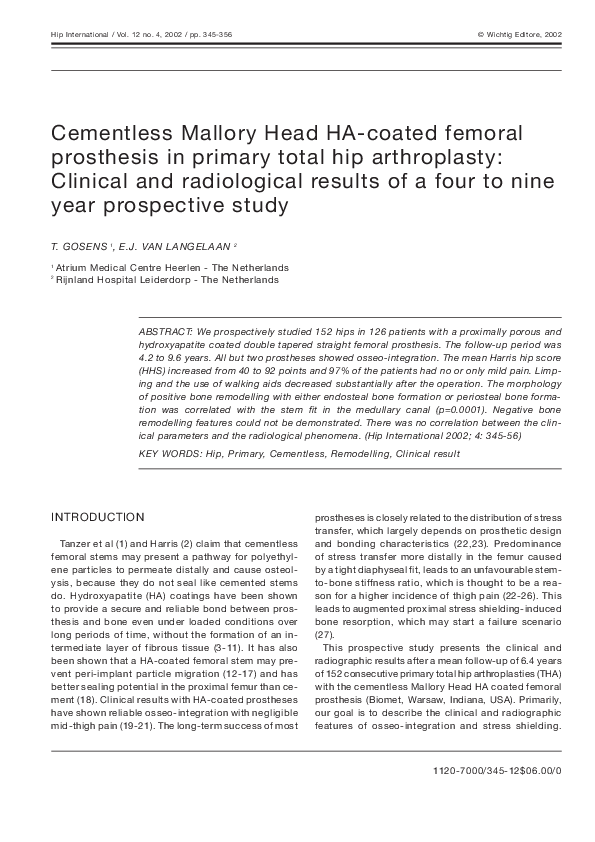 (PDF) Cementless Mallory Head Ha-Coated Femoral Prosthesis in Primary ...
