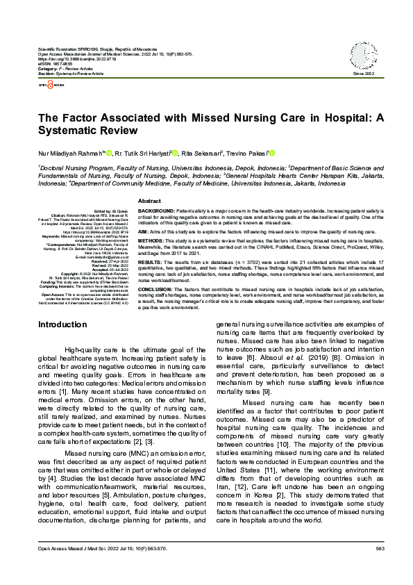 (PDF) The Factor Associated with Missed Nursing Care in Hospital: A ...