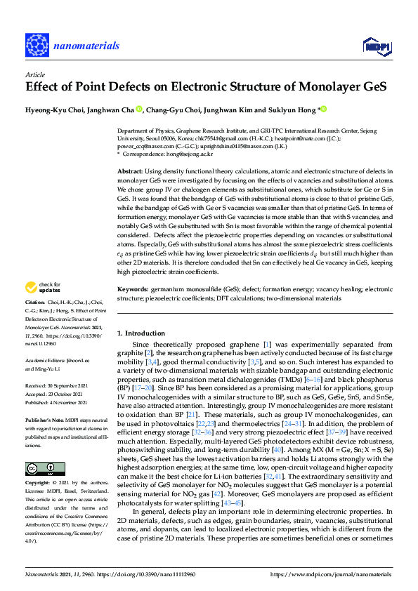 (PDF) Effect of Point Defects on Electronic Structure of Monolayer GeS