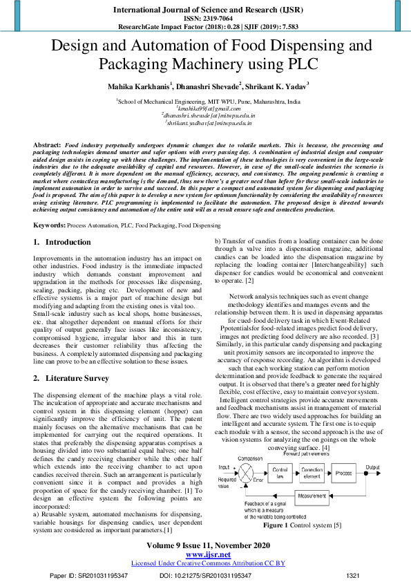 (PDF) Design and Automation of Food Dispensing and Packaging Machinery using PLC