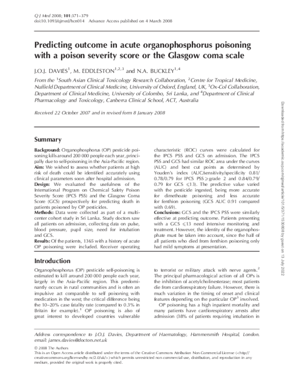 (PDF) Predicting outcome in acute organophosphorus poisoning with a ...