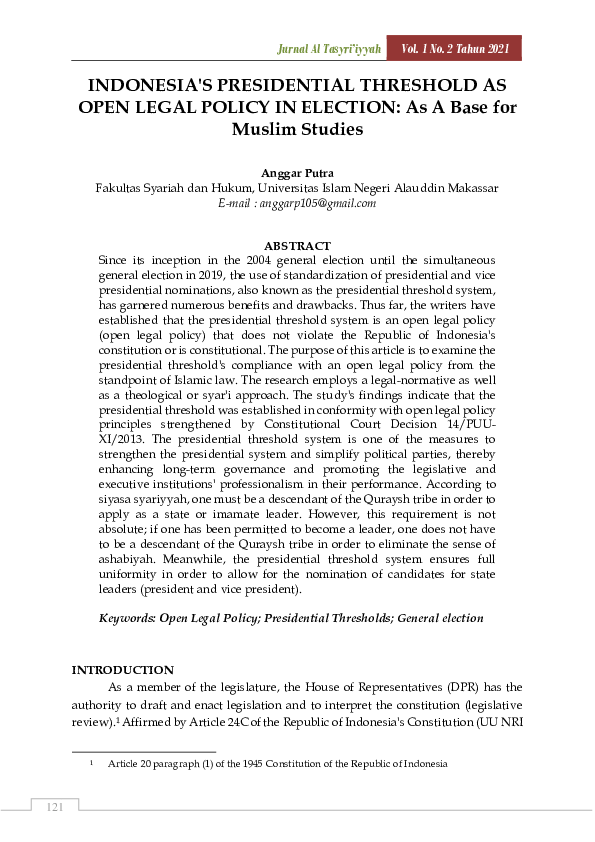 (PDF) Indonesia's Presidential Threshold As Open Legal Policy In ...