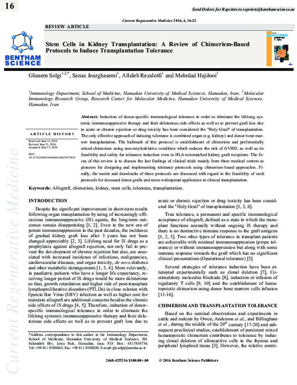 (PDF) Stem Cells in Kidney Transplantation: A Review of Chimerism-Based ...
