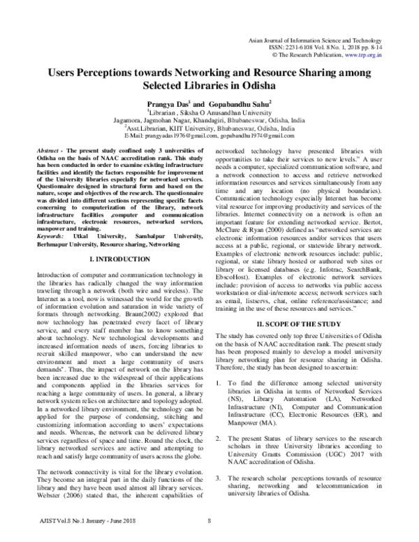 (PDF) Users Perceptions towards Networking and Resource Sharing among Selected Libraries in Odisha