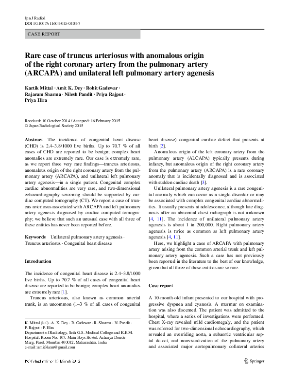 (PDF) Rare case of truncus arteriosus with anomalous origin of the ...