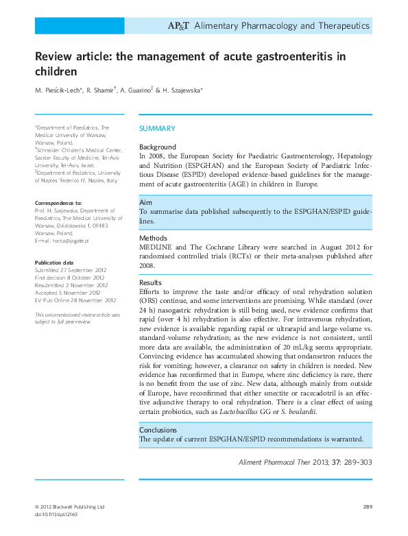 (PDF) Review article: the management of acute gastroenteritis in children