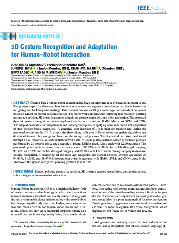 (PDF) 3D Gesture Recognition and Adaptation for Human–Robot Interaction