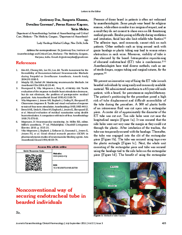 (PDF) Non conventional way of securing endotracheal tube in a case of ...