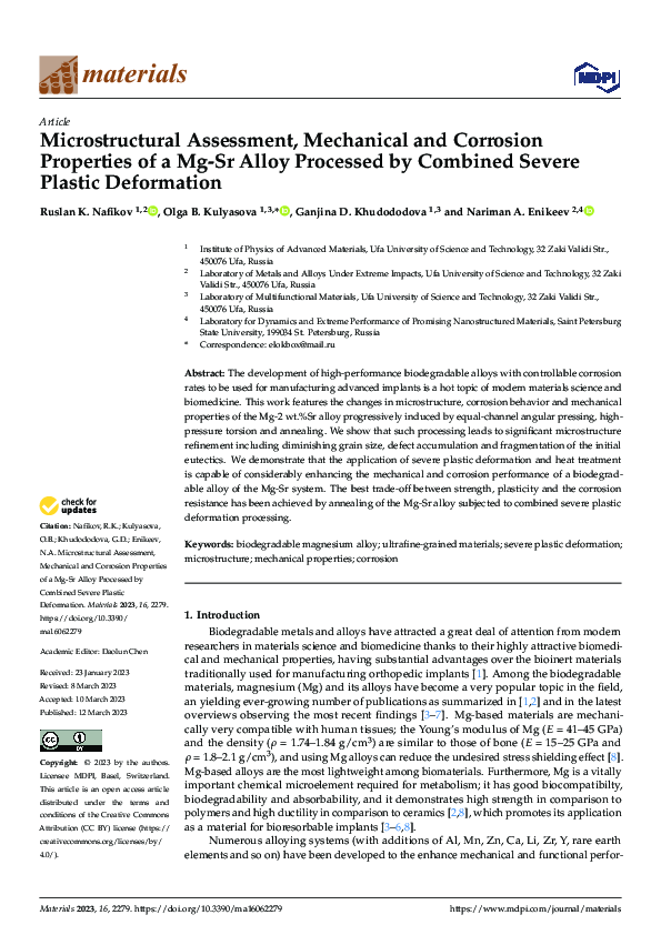 (PDF) Microstructural Assessment, Mechanical and Corrosion Properties of a Mg-Sr Alloy Processed ...