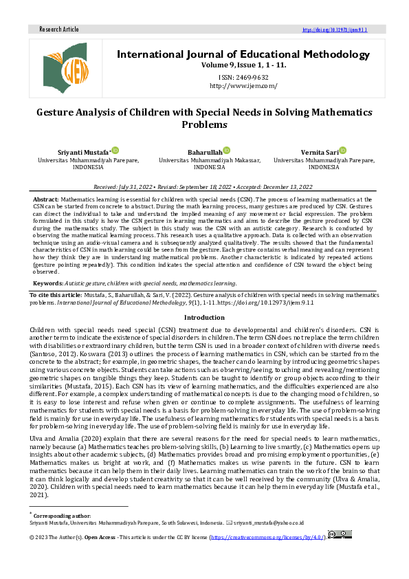 (PDF) Gesture Analysis of Children with Special Needs in Solving Mathematics Problems