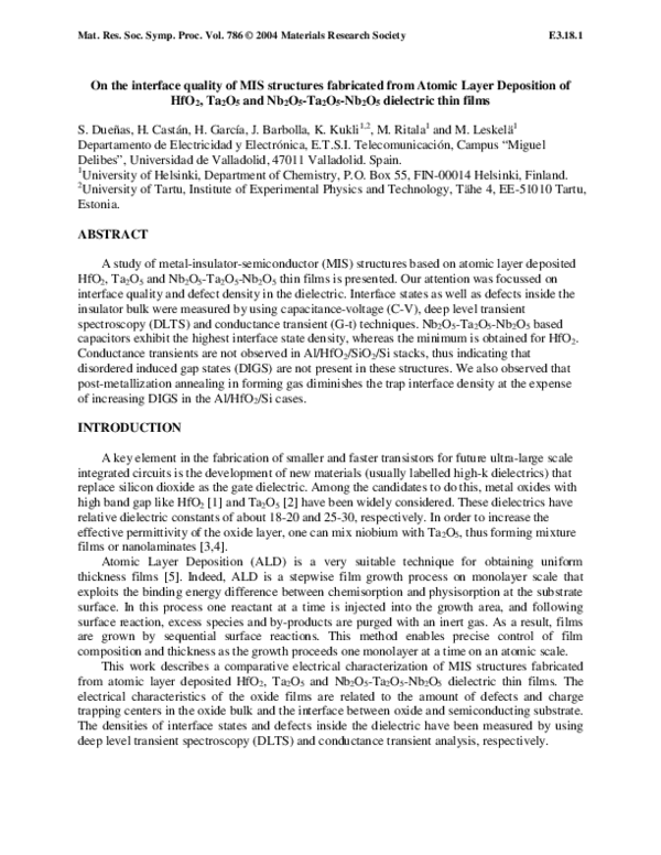 (PDF) On the interface quality of MIS structures fabricated from Atomic Layer Deposition of HfO2 ...