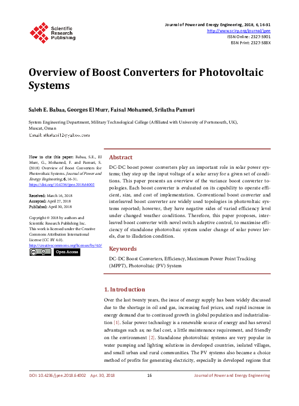 (PDF) Overview of Boost Converters for Photovoltaic Systems