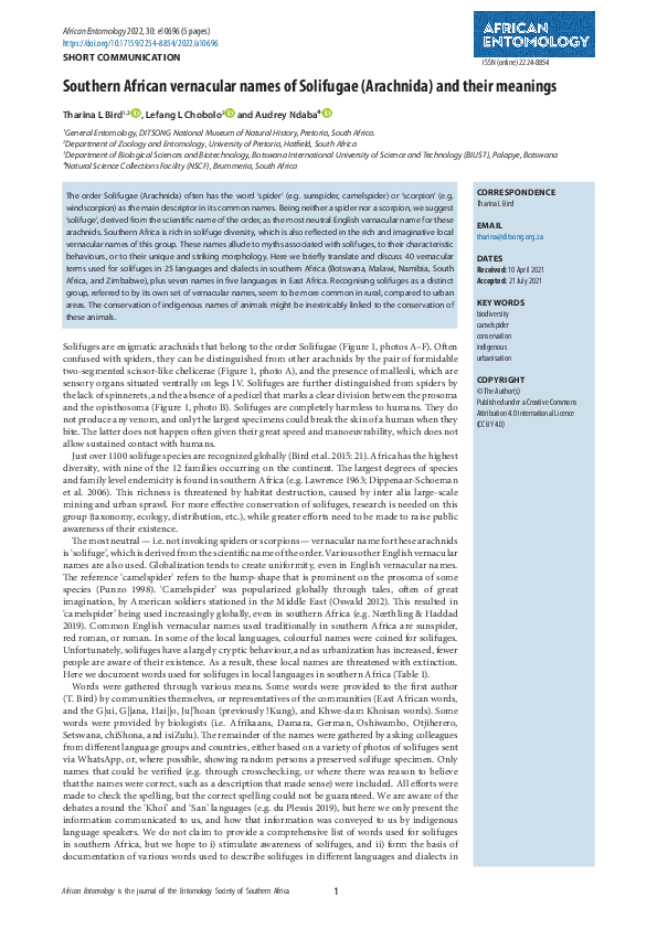 (PDF) Solifugae (Arachnida): Indigenous Southern African names and ...