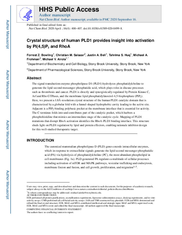 (PDF) Crystal structure of human PLD1 provides insight into activation by PI(4,5)P2 and RhoA