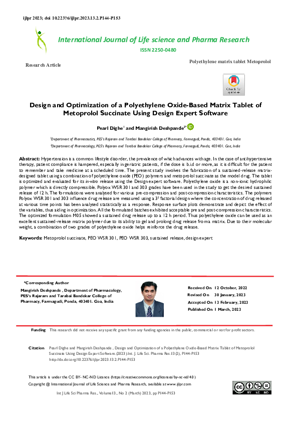 (PDF) Design and Optimization of a Polyethylene Oxide-Based Matrix ...