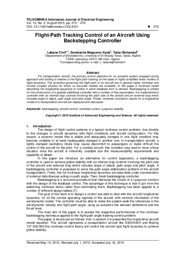 (PDF) Flight-Path Tracking Control of an Aircraft Using Backstepping Controller