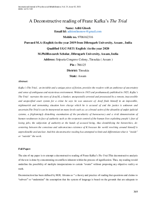 (PDF) A Deconstructive reading of Franz Kafka ’ s The Trial Name