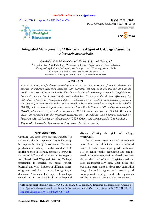 (PDF) Integrated Management of Alternaria Leaf Spot of Cabbage Caused by Alternaria brassicicola