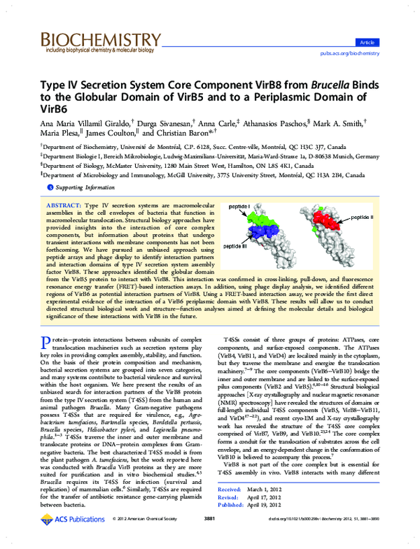 (PDF) Type IV Secretion System Core Component VirB8 from Brucella Binds ...
