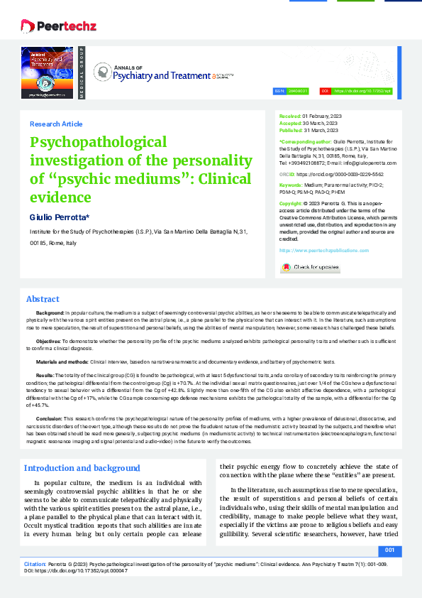 (PDF) Psychopathological investigation of the personality of "psychic mediums": Clinical evidence