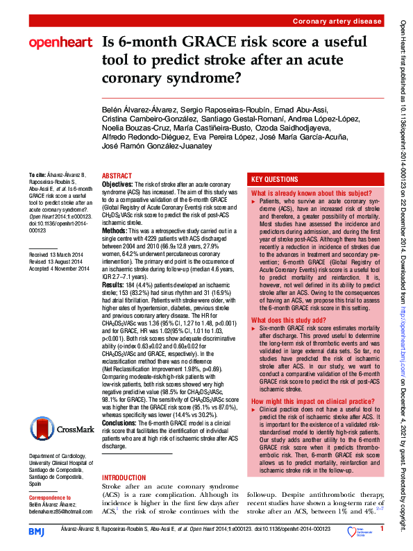 (PDF) Is 6-month GRACE risk score a useful tool to predict stroke after ...