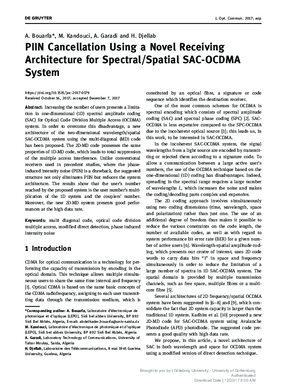 (PDF) PIIN Cancellation Using a Novel Receiving Architecture for Spectral/Spatial SAC-OCDMA ...