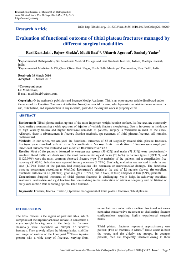 Pdf Evaluation Of Functional Outcome Of Tibial Plateau Fractures