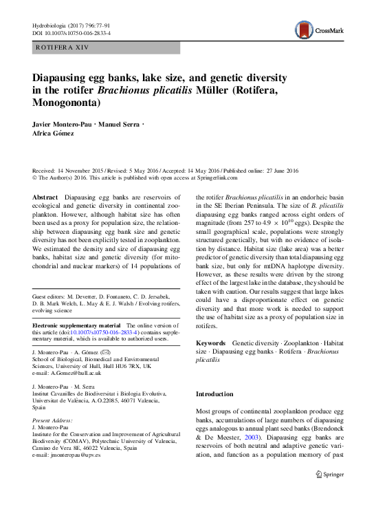 (PDF) Diapausing egg banks, lake size, and genetic diversity in the ...