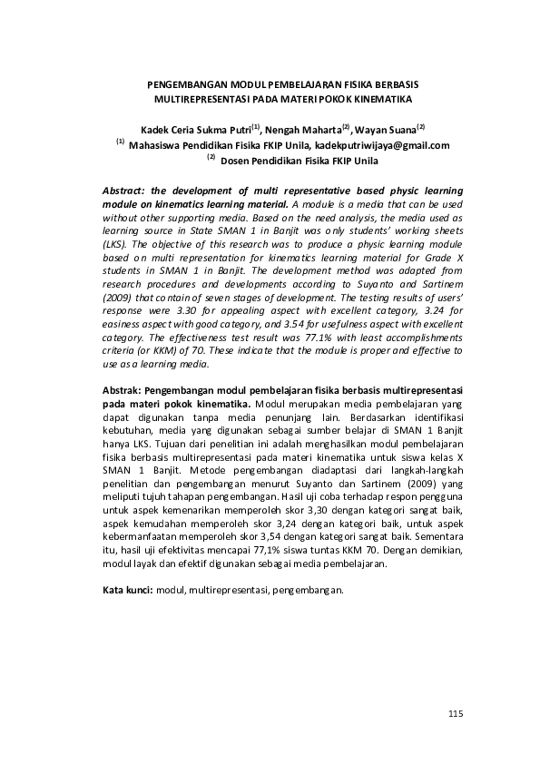 (PDF) Pengembangan Modul Pembelajaran Fisika Berbasis Multirepresentasi Pada Materi Pokok Kinematika
