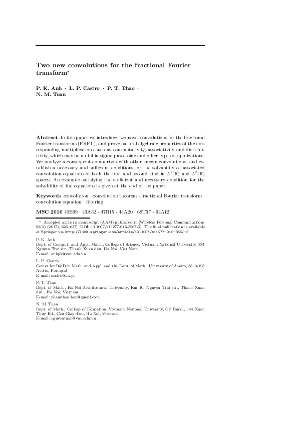 Pdf Two New Convolutions For The Fractional Fourier Transform