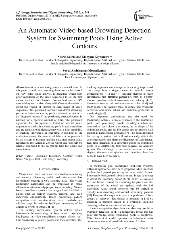 (PDF) An Automatic Video-based Drowning Detection System for Swimming Pools Using Active Contours