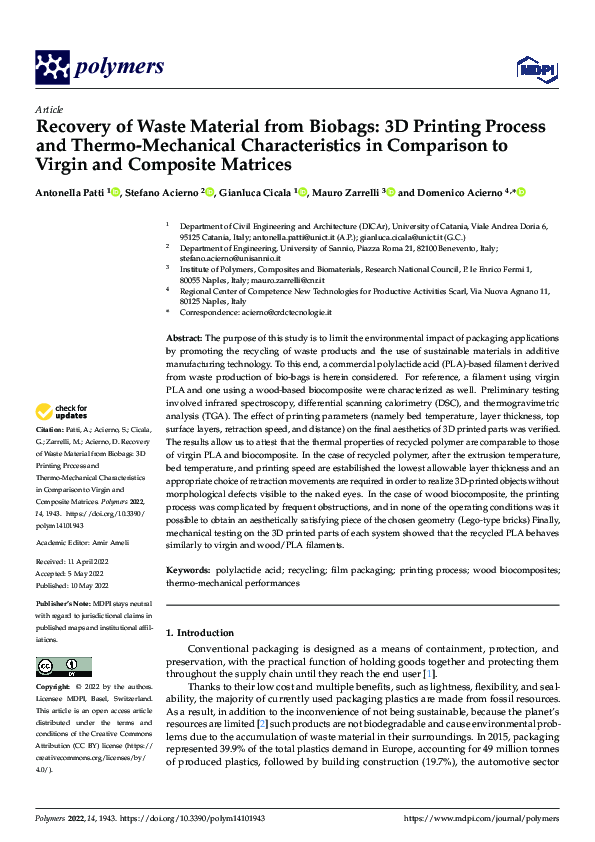 (PDF) Recovery of Waste Material from Biobags: 3D Printing Process and ...