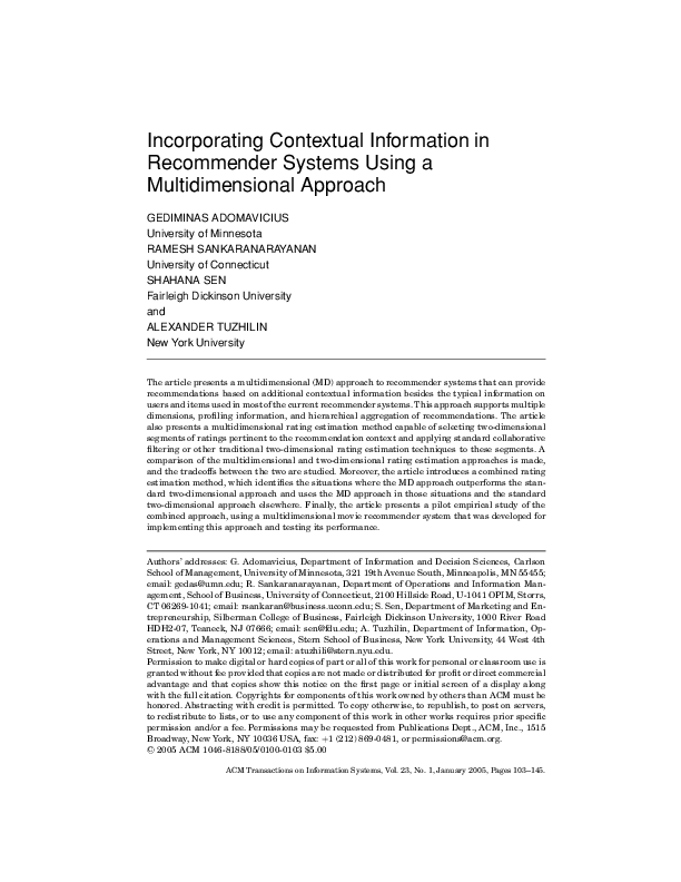 Pdf Incorporating Contextual Information In Recommender Systems Using A Multidimensional Approach