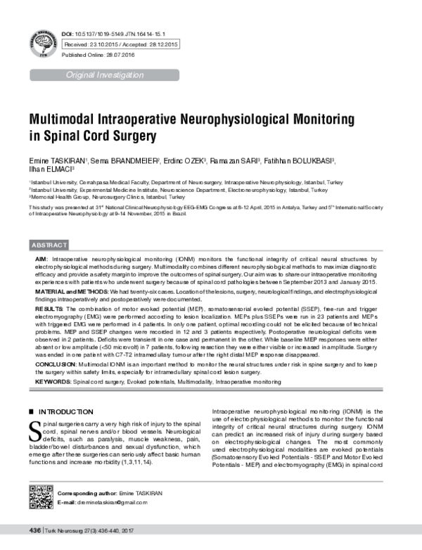 Pdf Multimodal Intraoperative Neurophysiologic Monitoring In The Spinal Cord Surgery