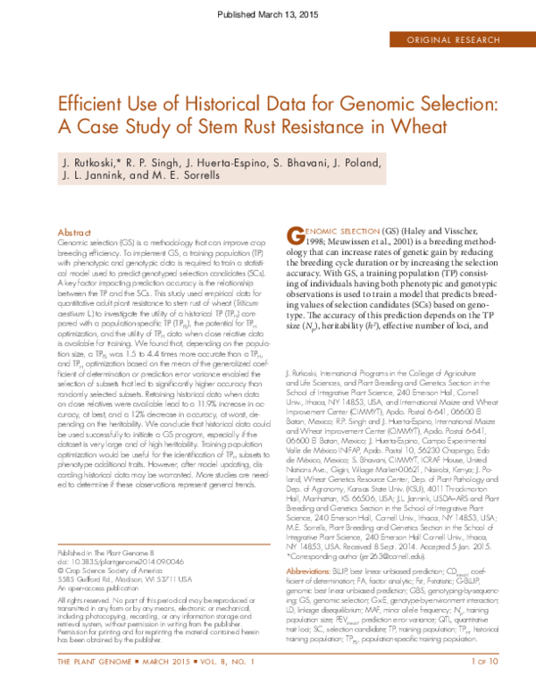 (PDF) Efficient Use of Historical Data for Genomic Selection: A Case Study of Stem Rust ...