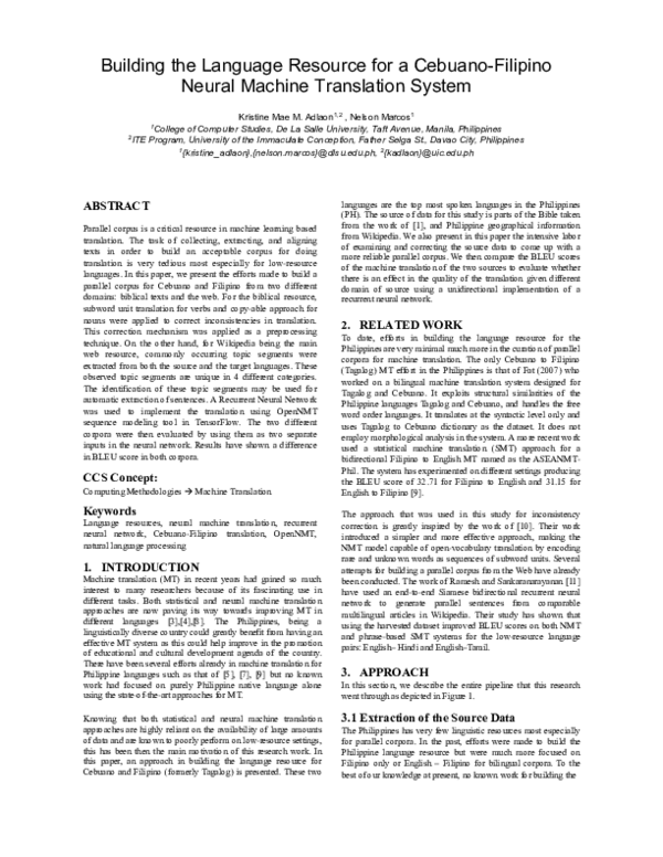 (PDF) Building the Language Resource for a Cebuano-Filipino Neural Machine Translation System