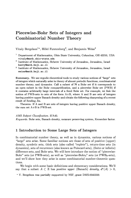 (PDF) Piecewise-Bohr Sets of Integers and Combinatorial Number Theory
