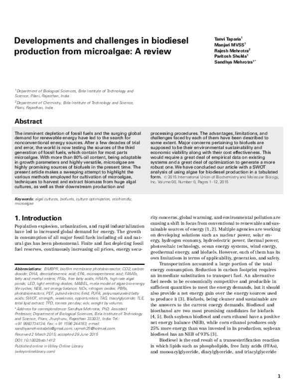 (PDF) Developments and challenges in biodiesel production from microalgae: A review