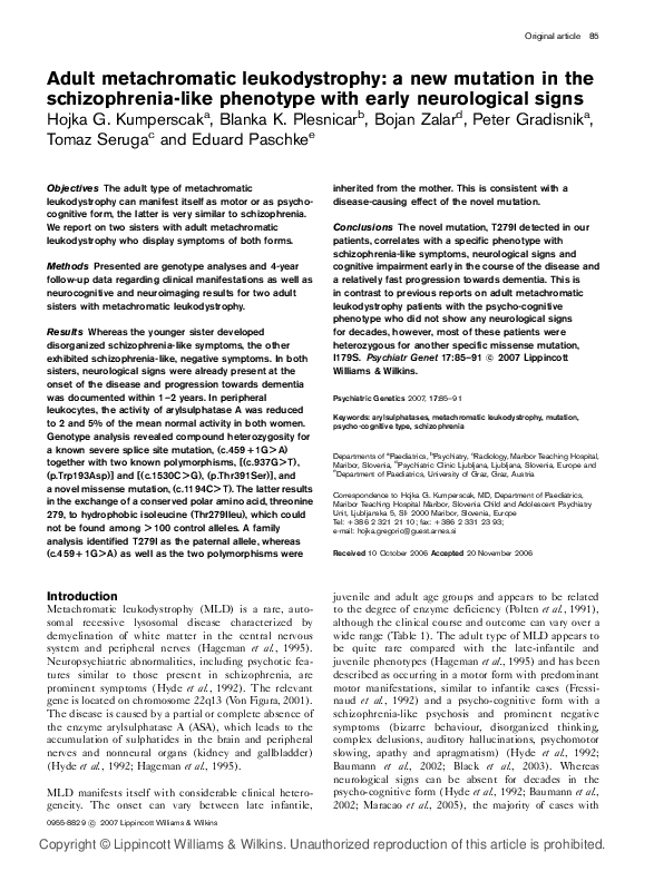(PDF) Adult metachromatic leukodystrophy: a new mutation in the ...