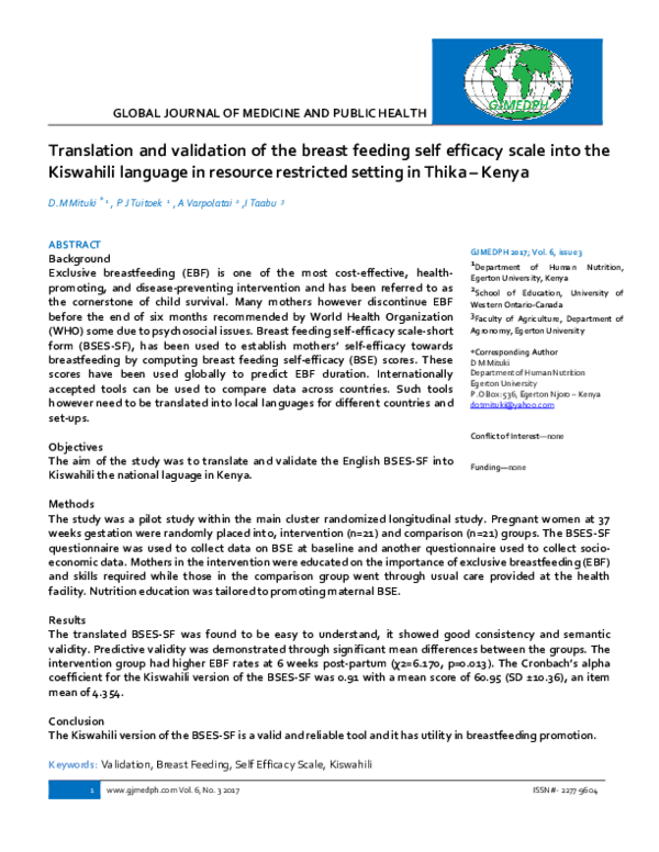 (PDF) Translation and validation of the breast feeding self efficacy ...