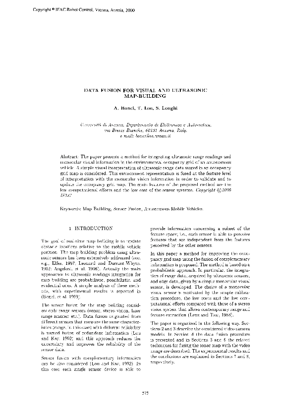 (PDF) Data Fusion for Visual and Ultrasonic Map-Building