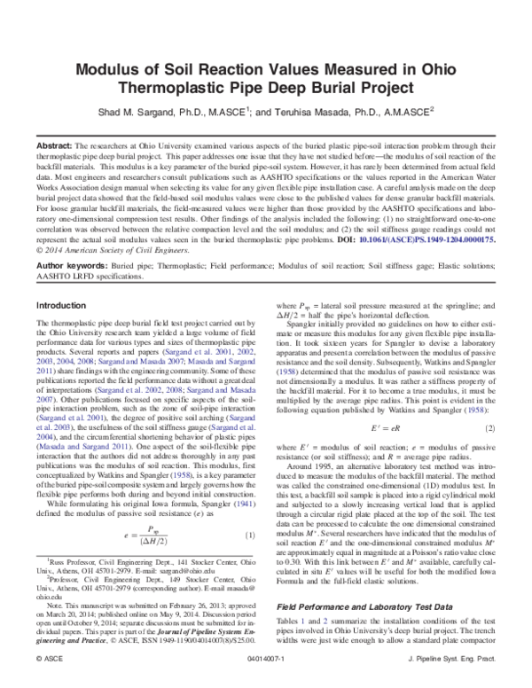 (PDF) Modulus of Soil Reaction Values Measured in Ohio Thermoplastic ...